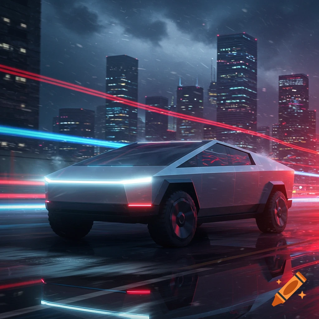 A futuristic autonomous white bus drives on a wet city street at night ...