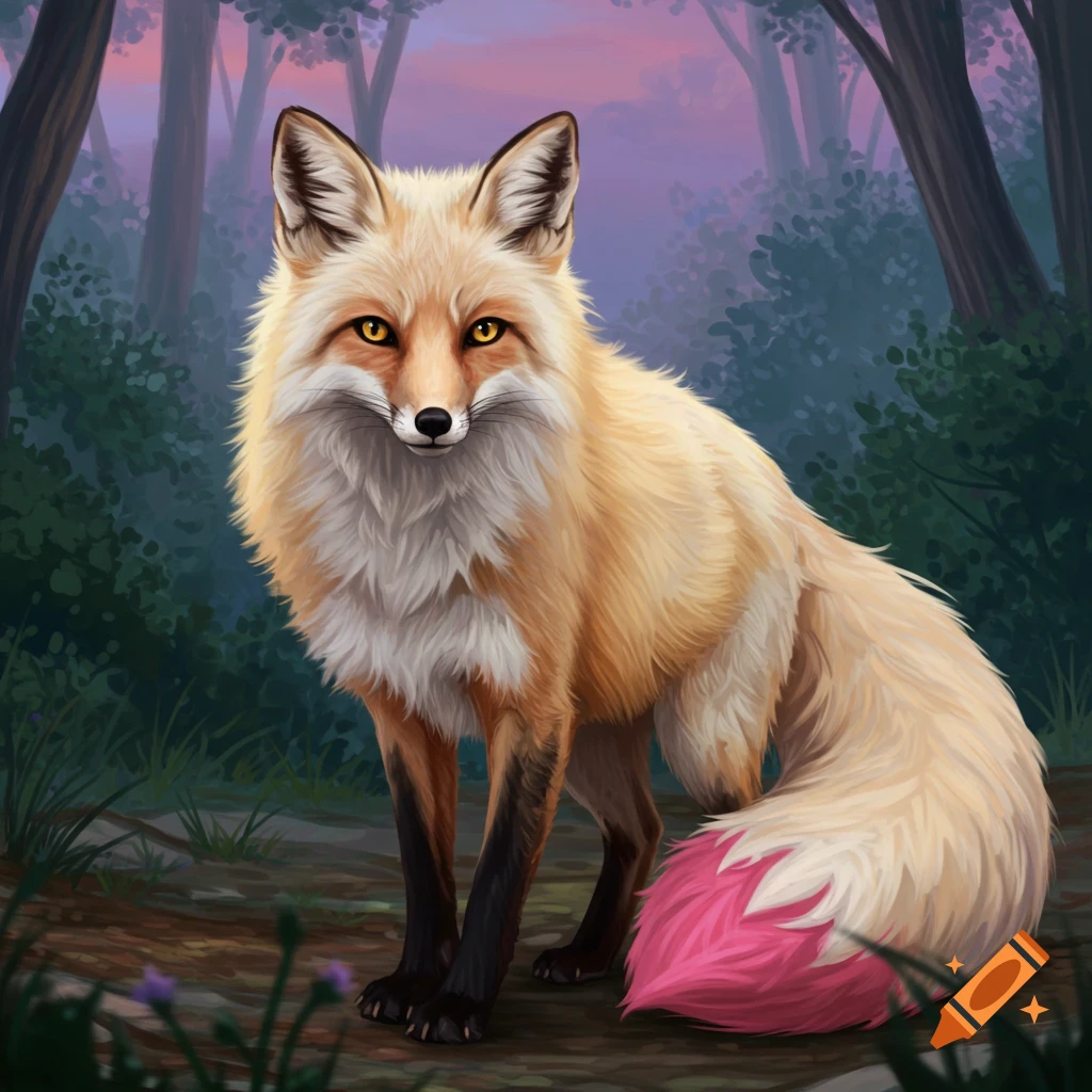 A cute, stylized fox-bunny hybrid with long ears sits in a grassy field ...