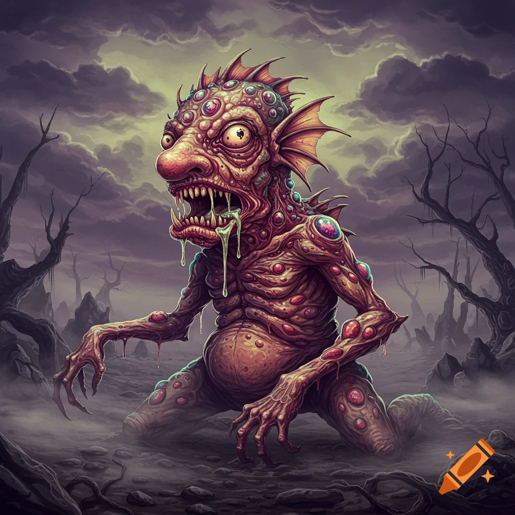 Adorable monster with sharp teeth, symmetrical anatomy, and leaf-adorned arms in a detailed ...