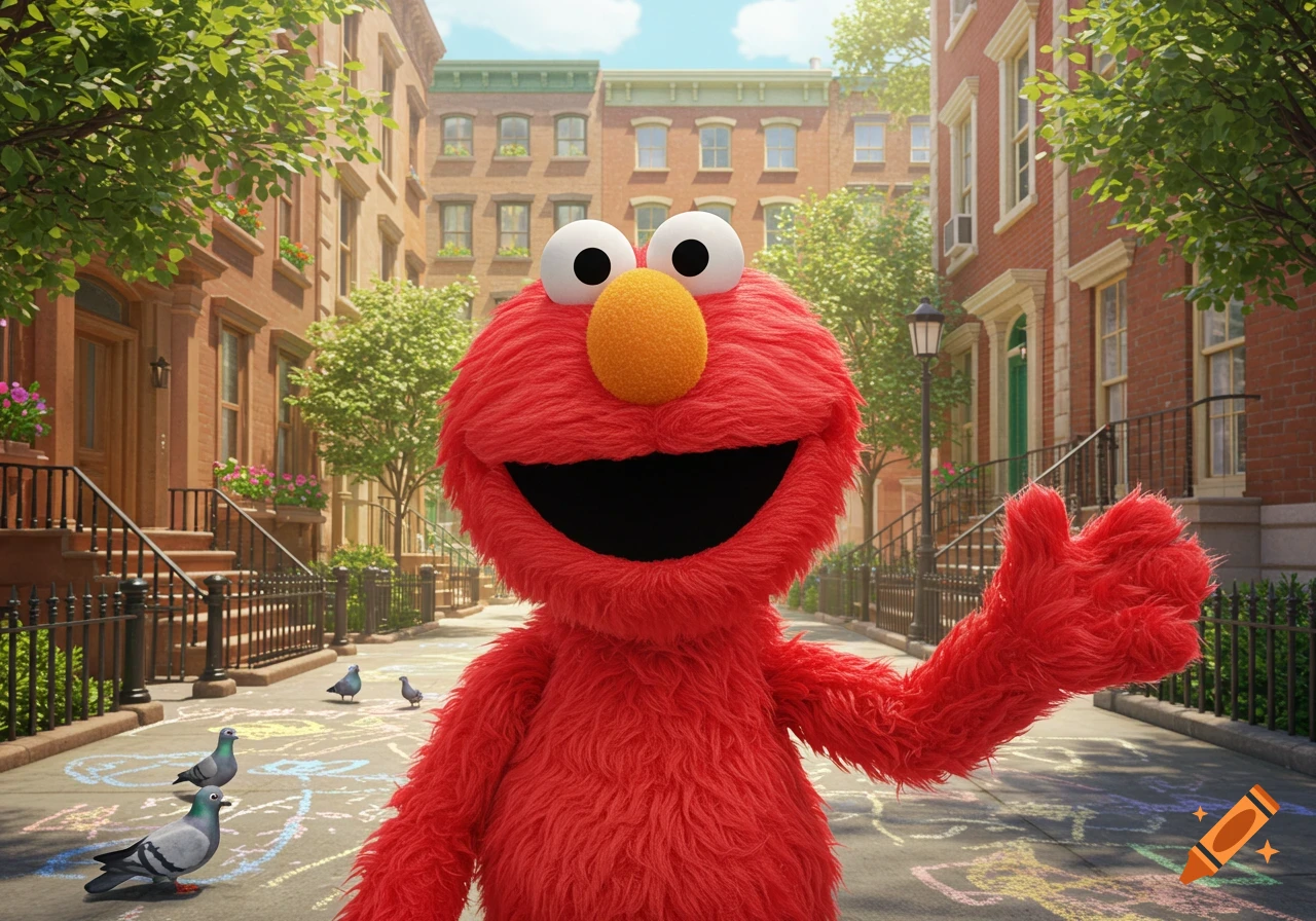 Elmo floats joyfully above a sunny city street, holding three pink balloons, with other Sesame ...