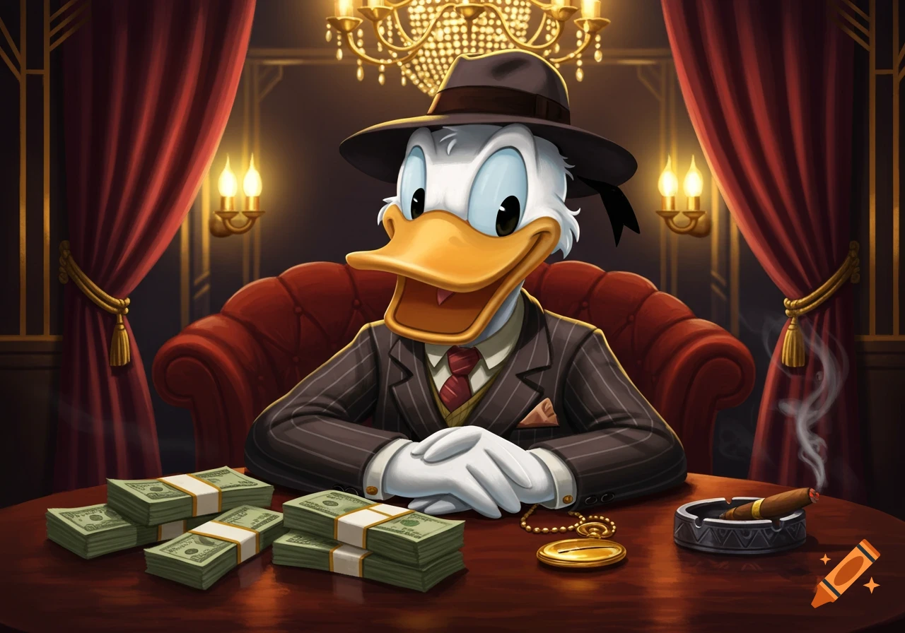Scrooge McDuck in a red coat and top hat holds a racing helmet and cane ...