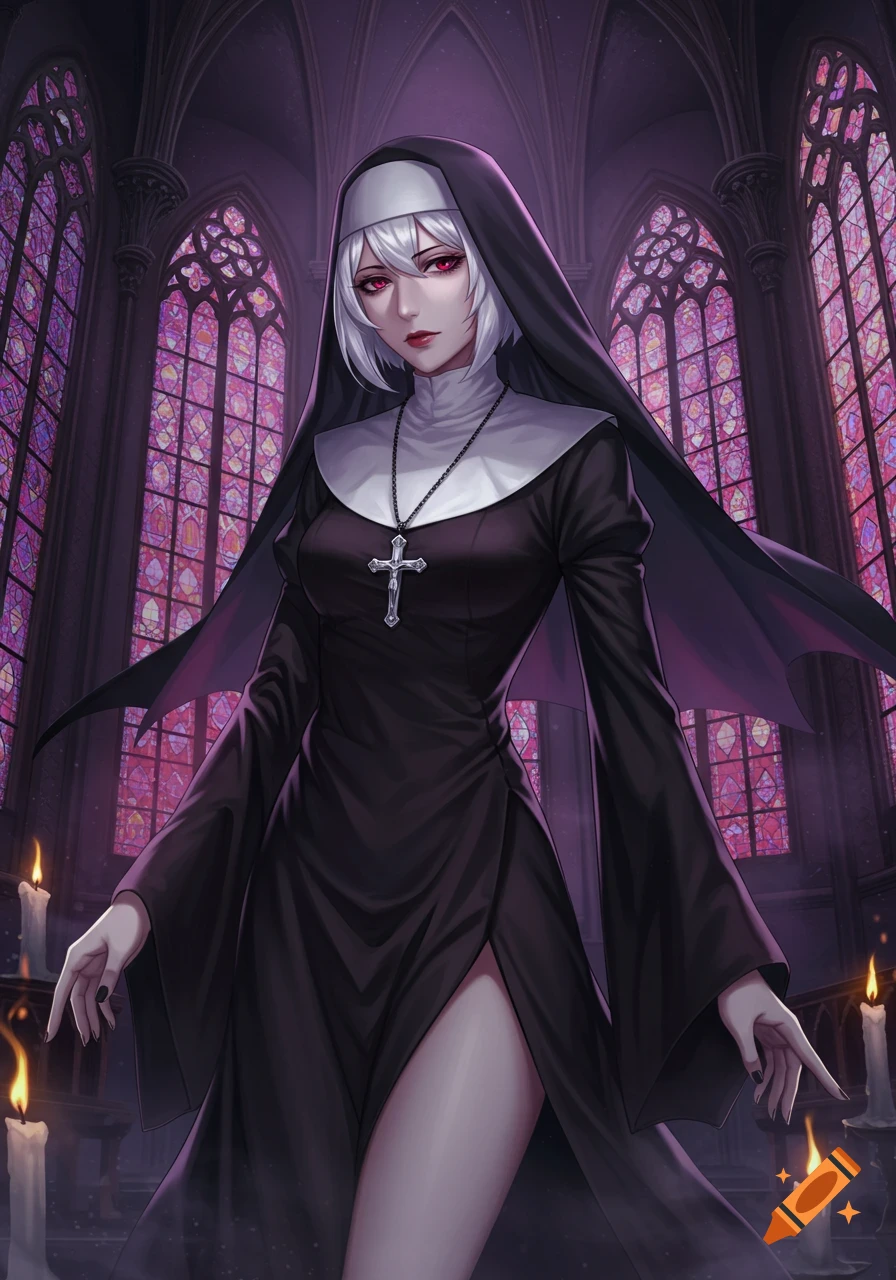 Anime goth nun with white hair and red eyes stands in a dark cathedral ...