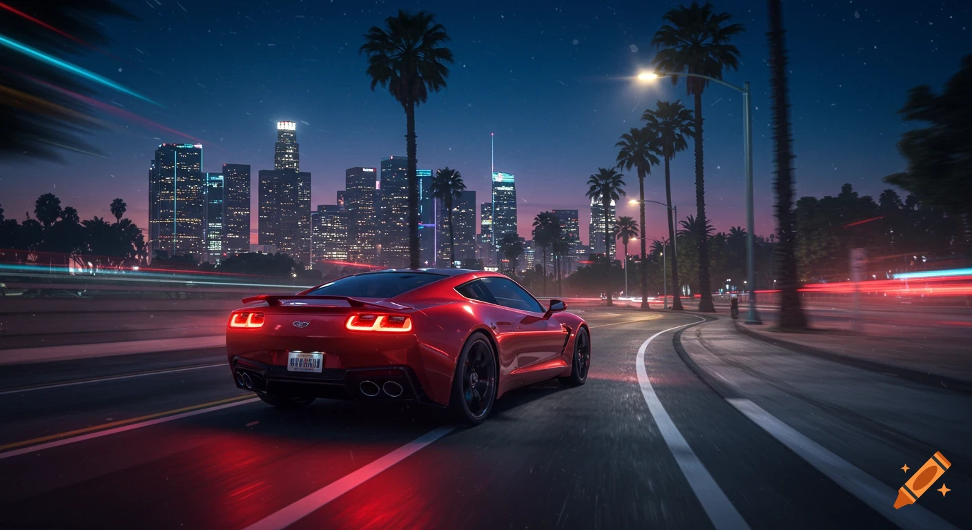 A futuristic race car with glowing blue accents parked on an asphalt ...