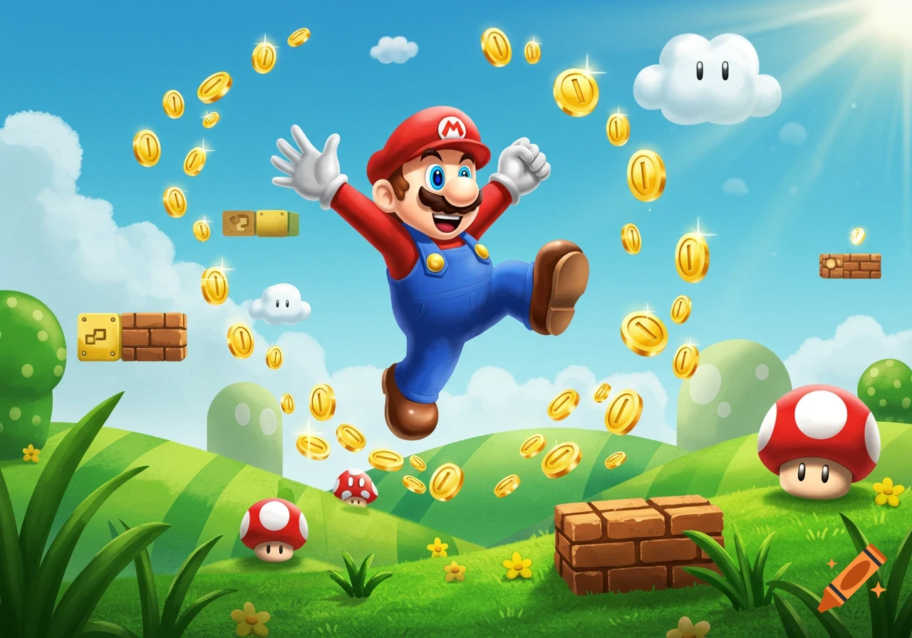 Super Mario character leaping and collecting golden coins in a vibrant ...