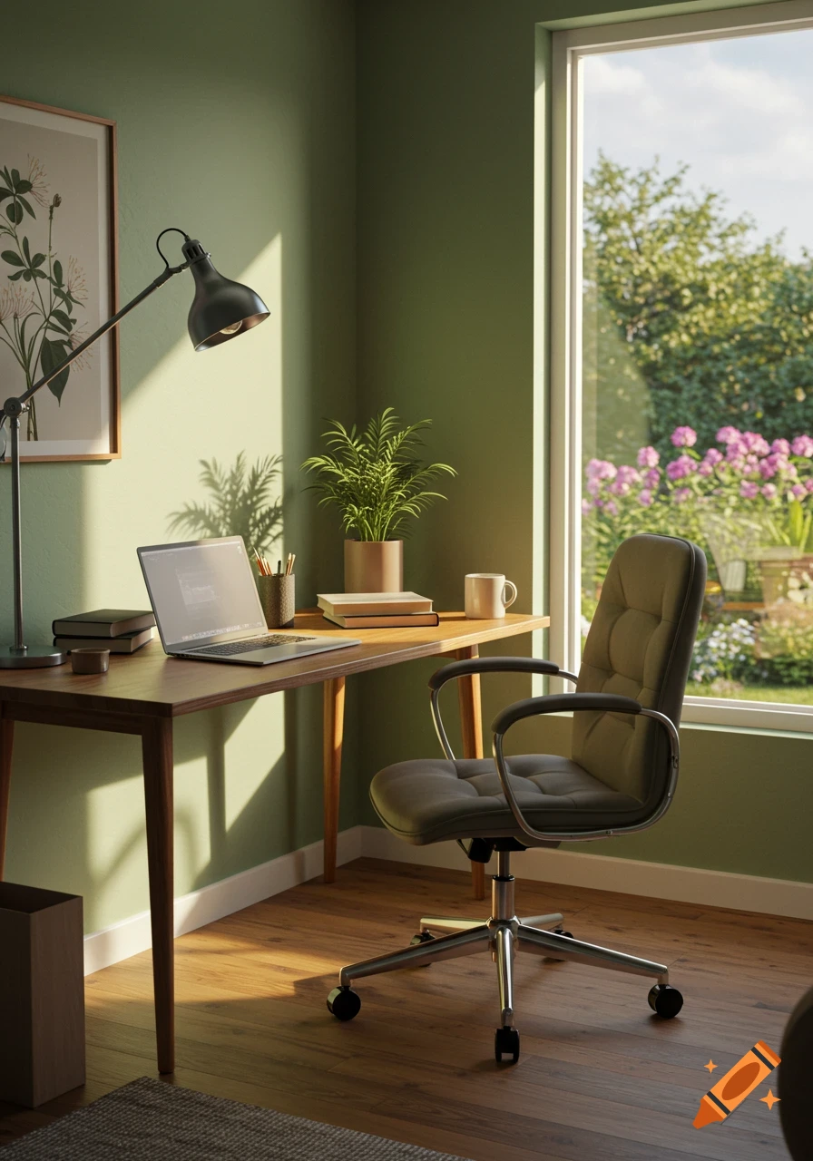 A modern Scandinavian home office with a gray ergonomic chair, a white ...