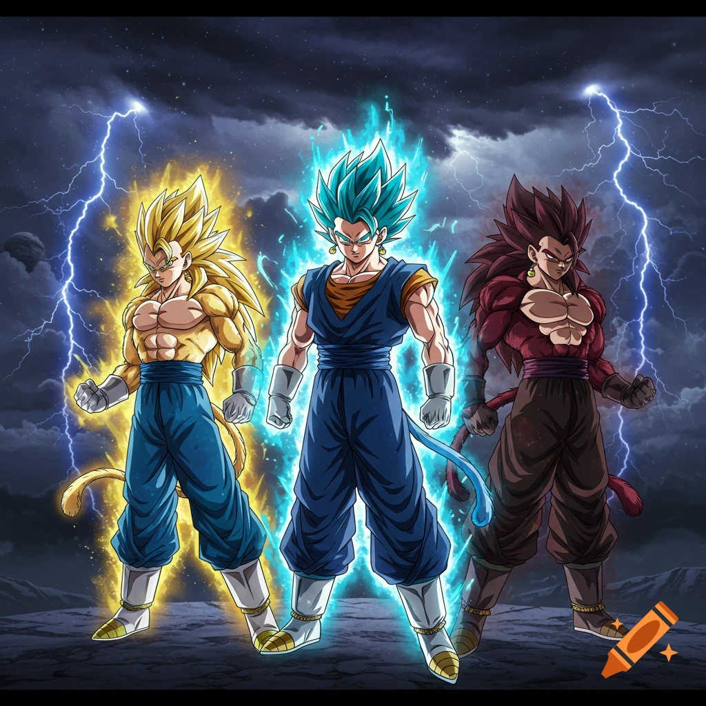 Three forms of Vegito, Super Saiyan 3, Super Saiyan Blue, and Super ...