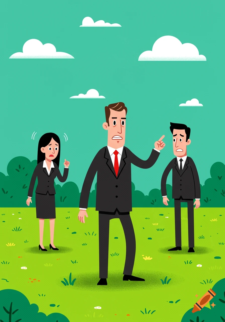 Cartoon of a stern business person pointing in a grassy field, while ...