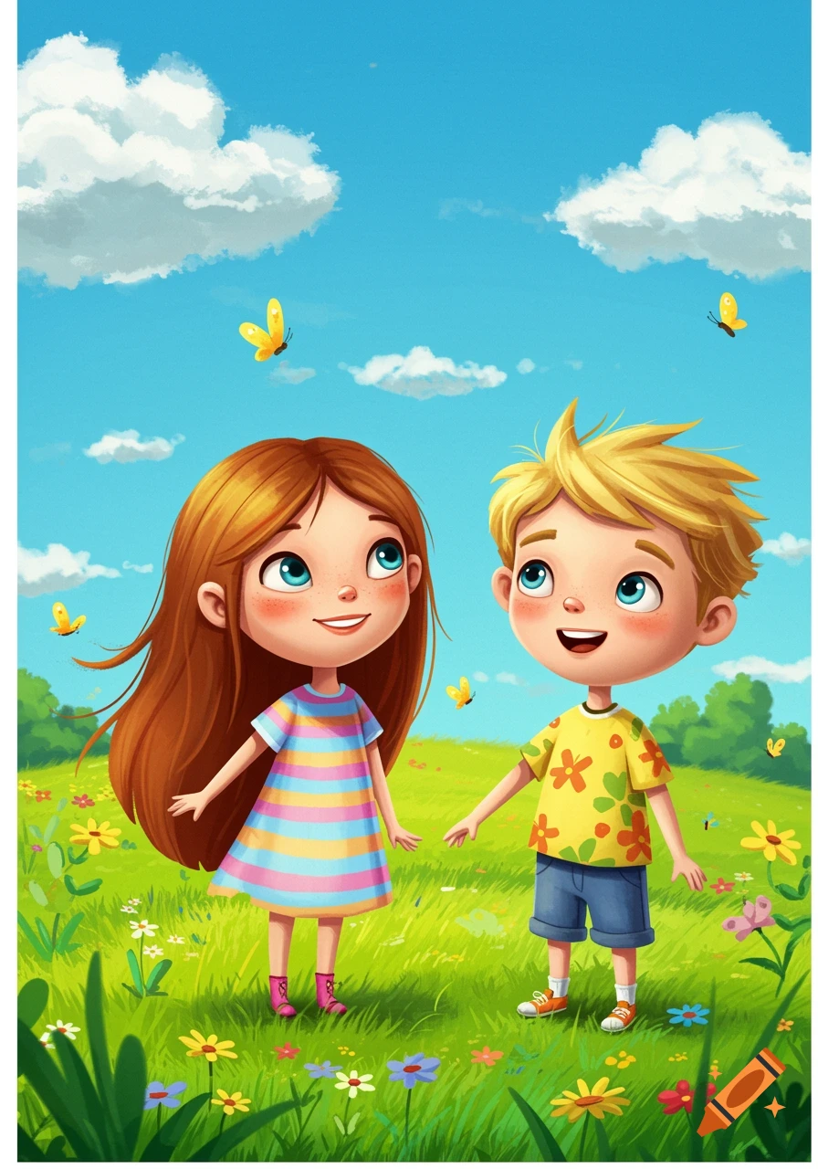 Cartoon family of two men and two girls on a beach, a plane flies a ...