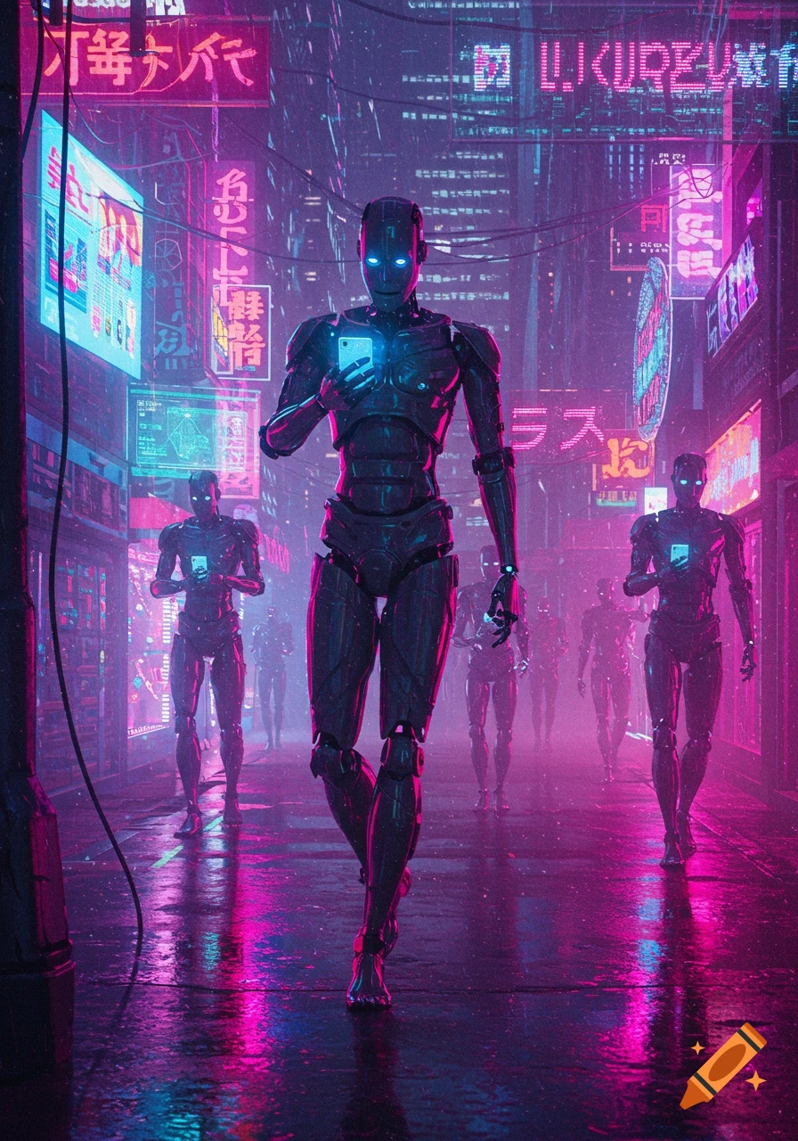 Robots walk down a neon-lit cyberpunk city street, illuminated by ...
