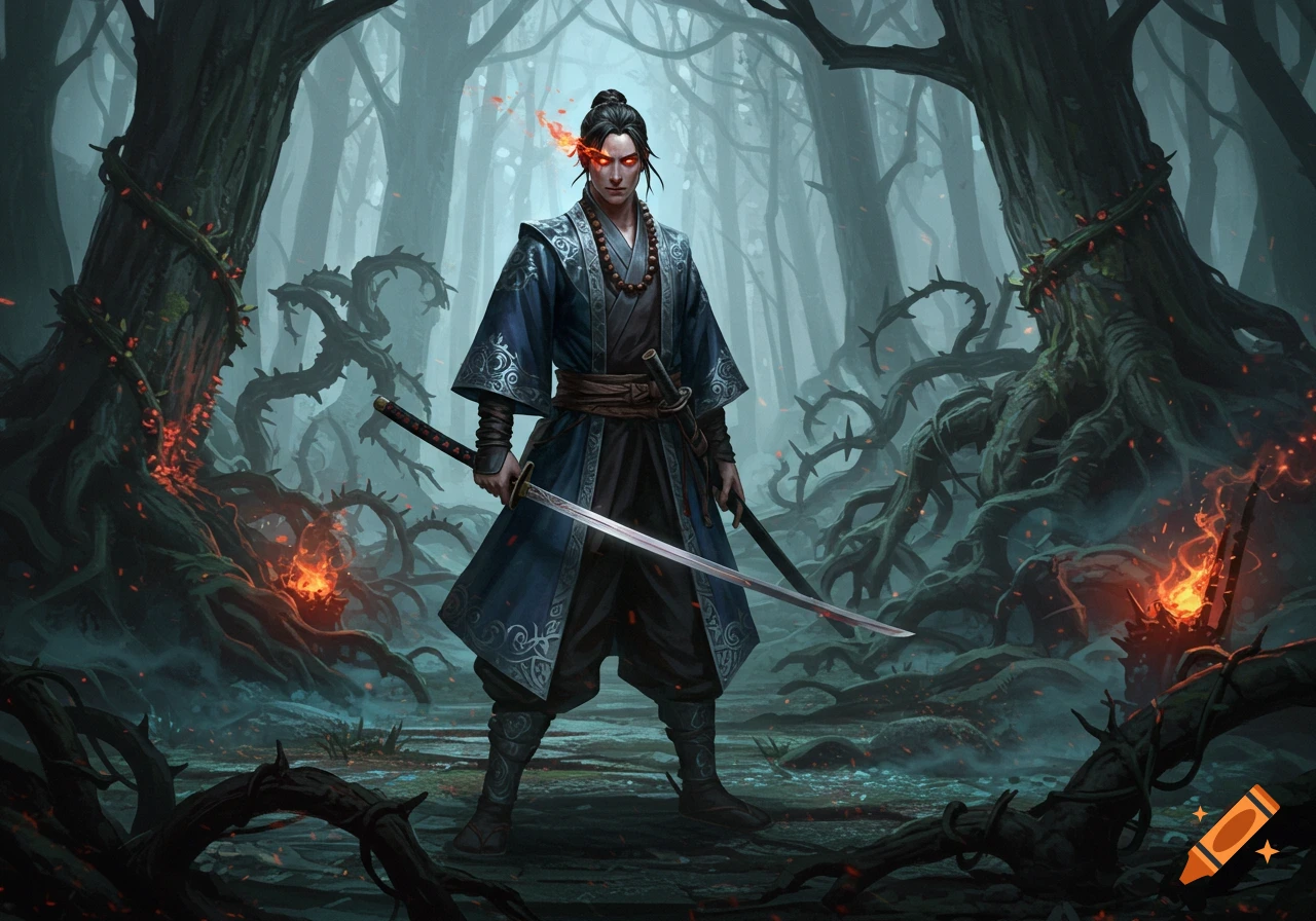 A muscular, red-eyed demon slayer warrior with two swords and dark ...