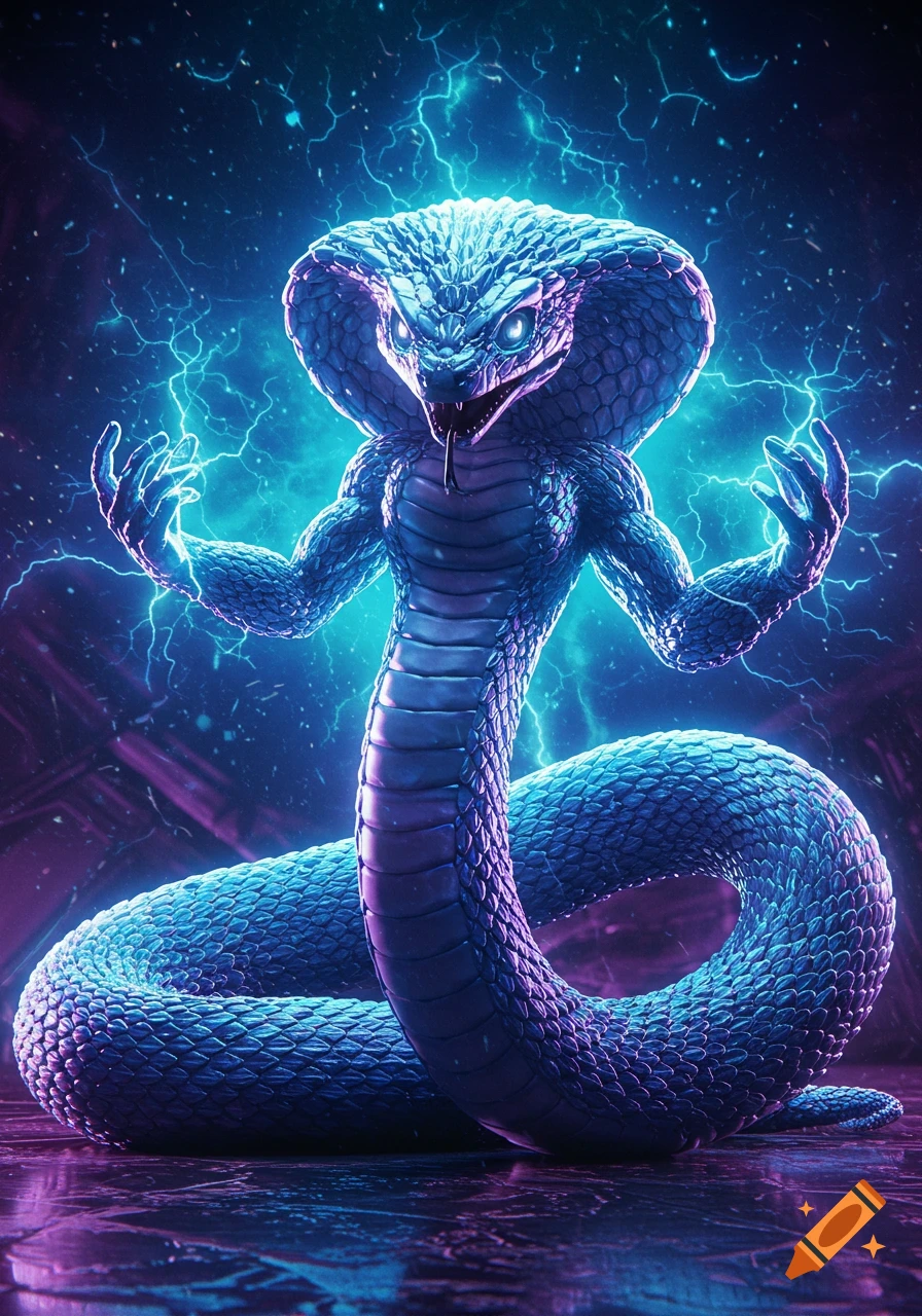 A man with blue scales on his body and face, merging with blue snakes ...