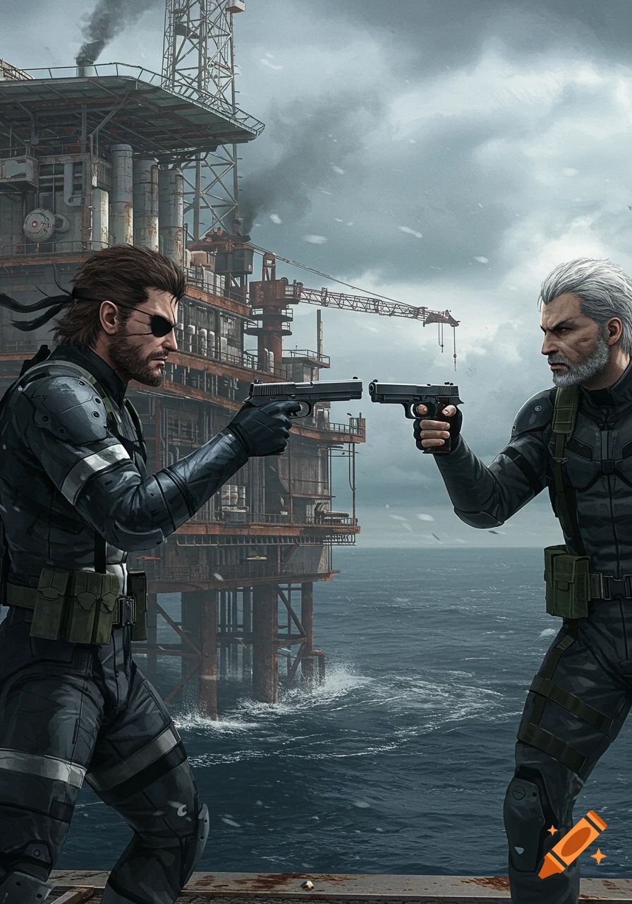 Solid Snake and Ocelot pointing pistols at each other on a stormy oil ...