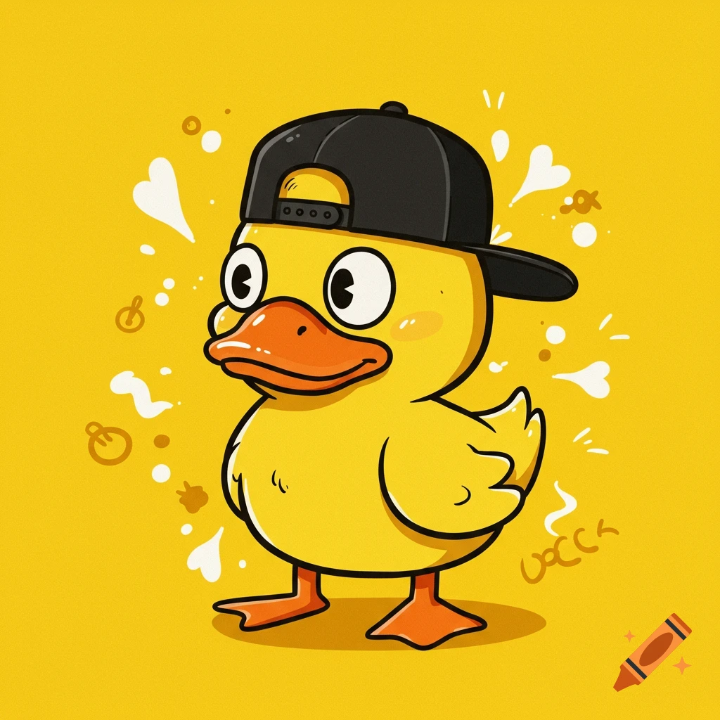 A stylized illustration of a winking yellow cartoon duck wearing a blue ...
