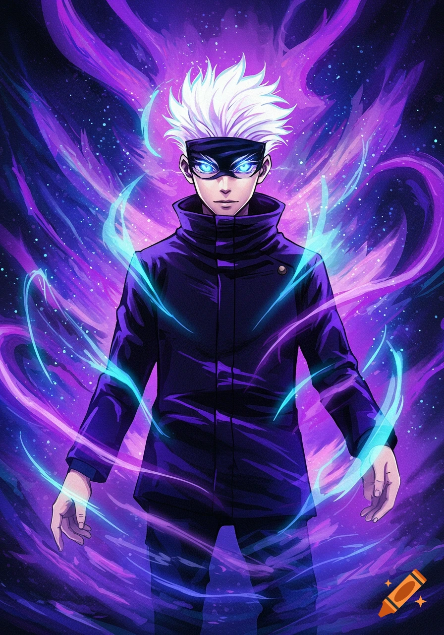 Full body illustration of Satoru Gojo in a dynamic pose on Craiyon