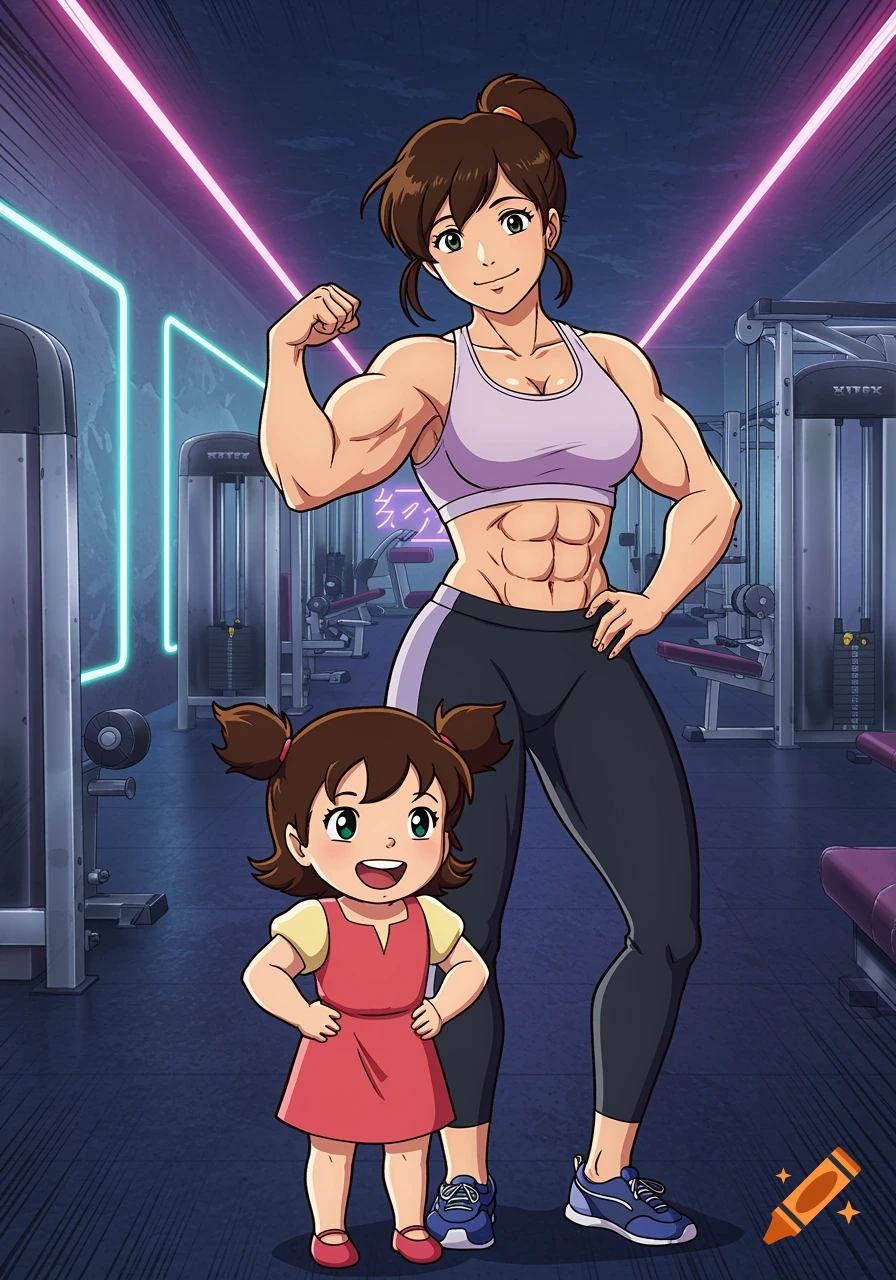 A muscular woman in a purple tank top flexes her biceps in a gym next ...