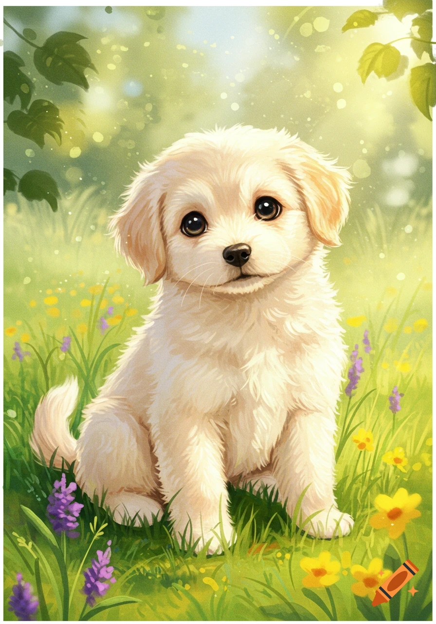 A fluffy light-colored puppy with big dark eyes sits in a field of ...