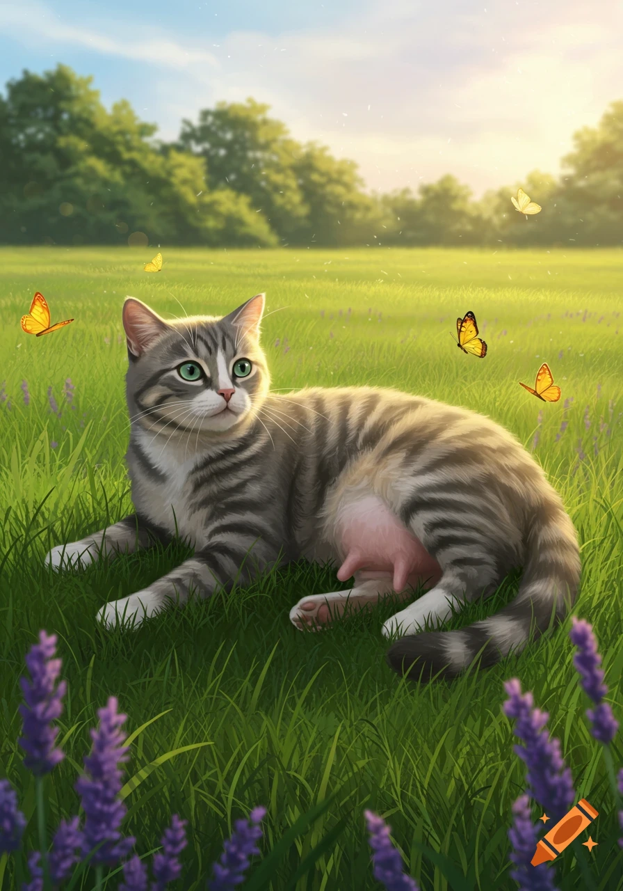 A grey tabby cat with green eyes sits on a stone wall in a vibrant ...