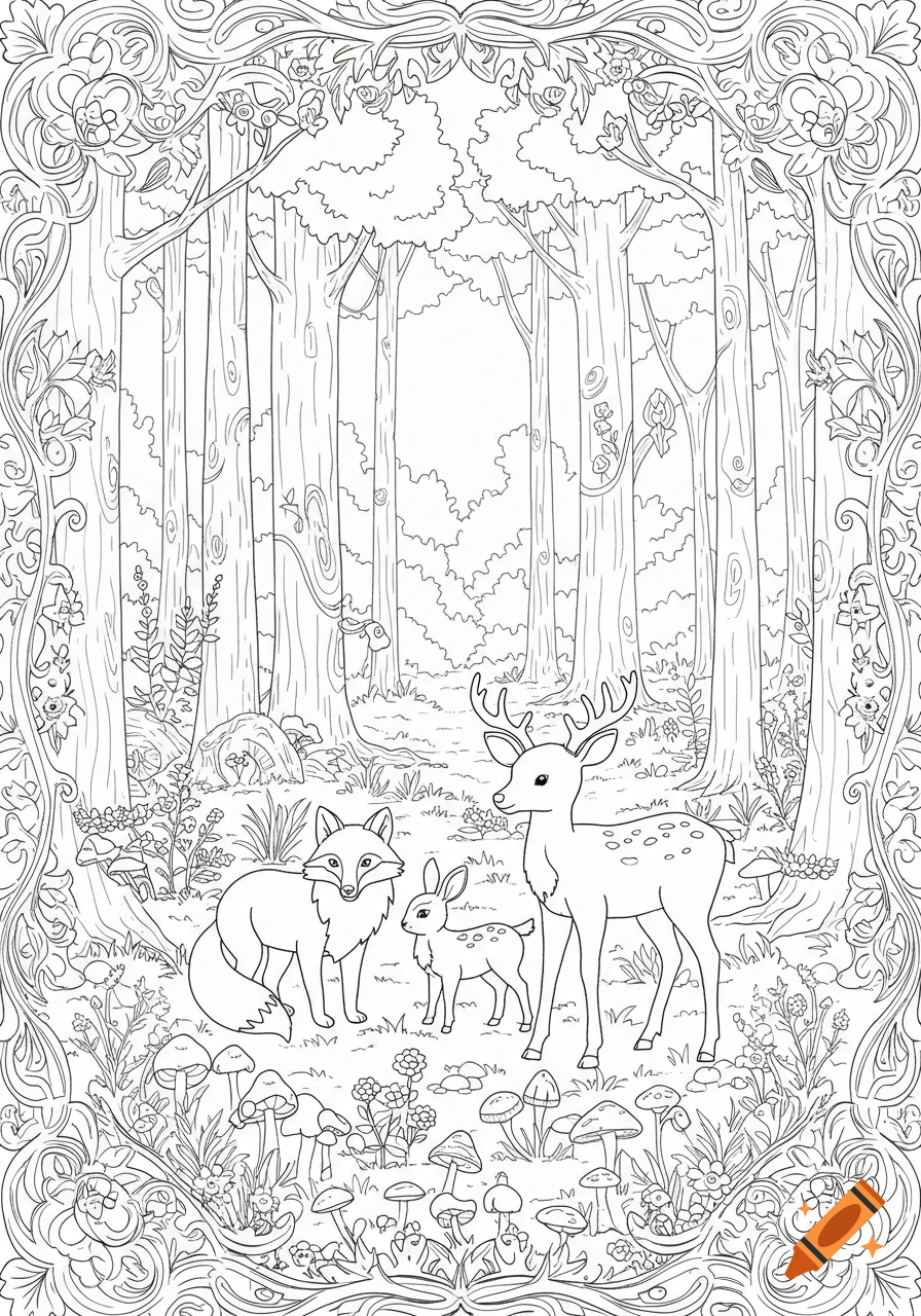 Black and white line art illustration of a person feeding several deer ...