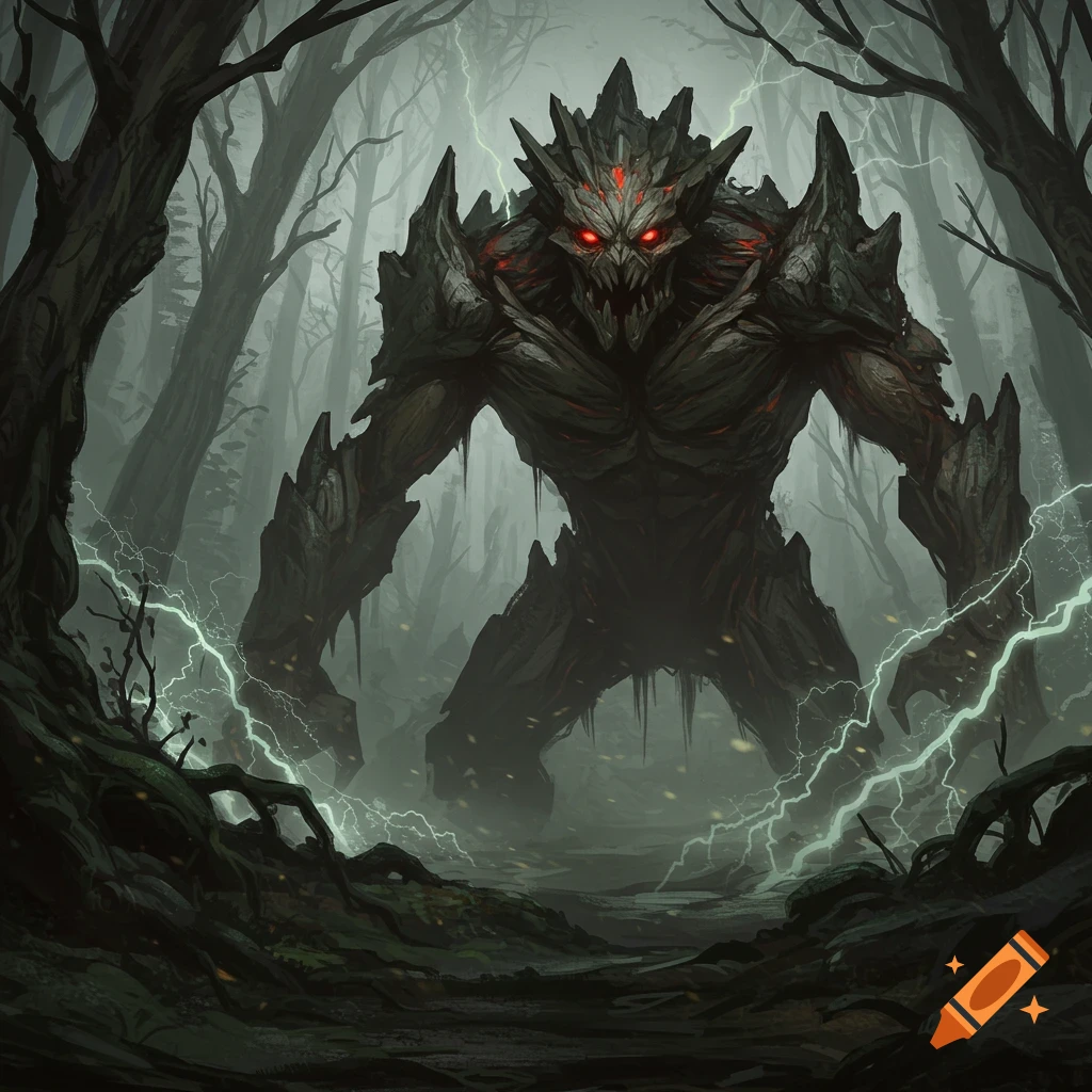 A colossal, spike-covered monster with glowing red eyes emerges from a ...