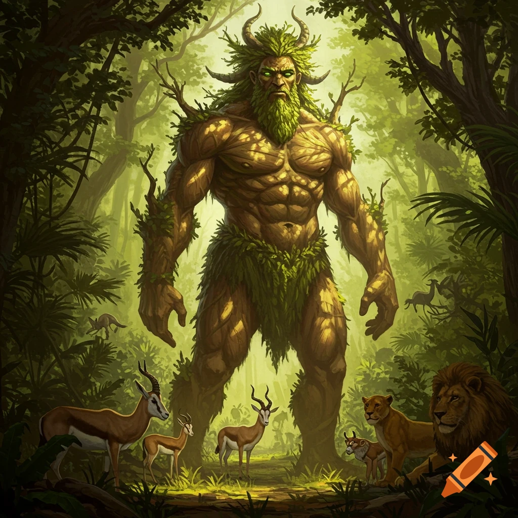 A powerful, tree-like giant (Enkidu) with green glowing eyes stands in ...