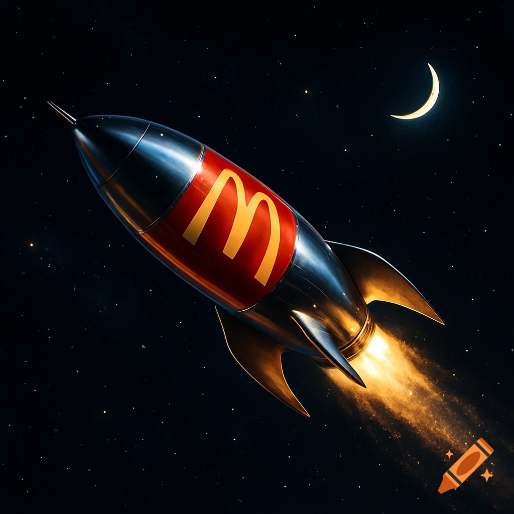 A detailed silver rocket with a McDonald's 'M' logo blasts through a ...