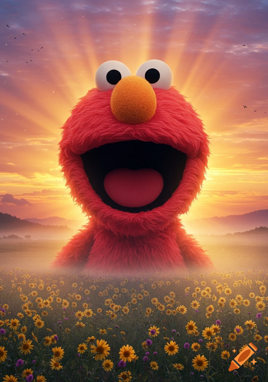Elmo jumps happily in an autumn forest, surrounded by red and yellow ...