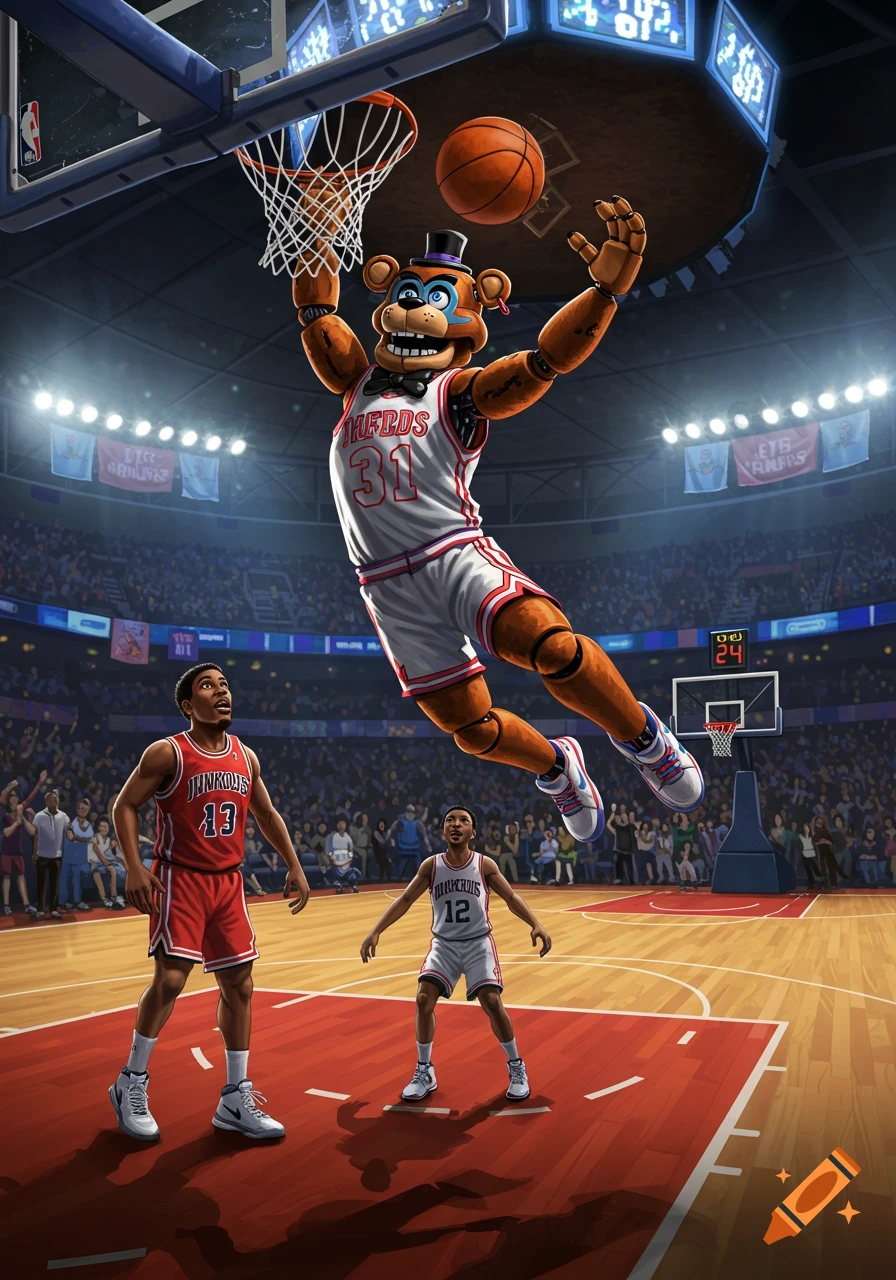 Young boy with Down Syndrome dunks a basketball during a game. on Craiyon