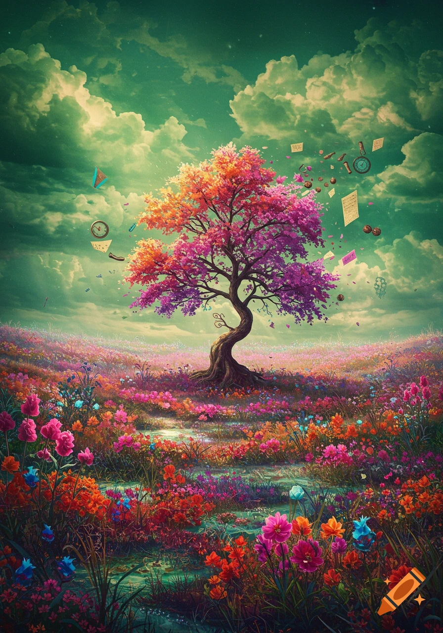 Four ornate windows display colorful fantasy scenes: a lavender field ...