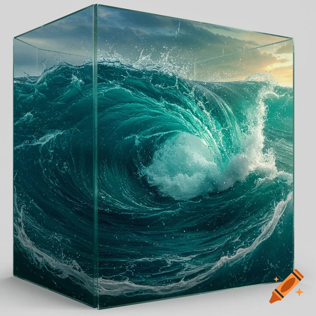 Hyperrealistic teal ocean wave crashing inside a large glass cube under ...