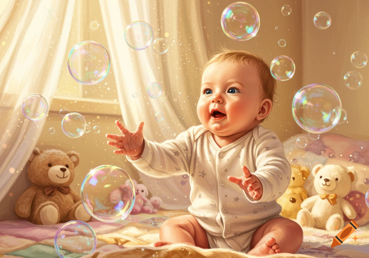 A baby in a gray snowsuit kneels in a snowy forest, looking up at a ...