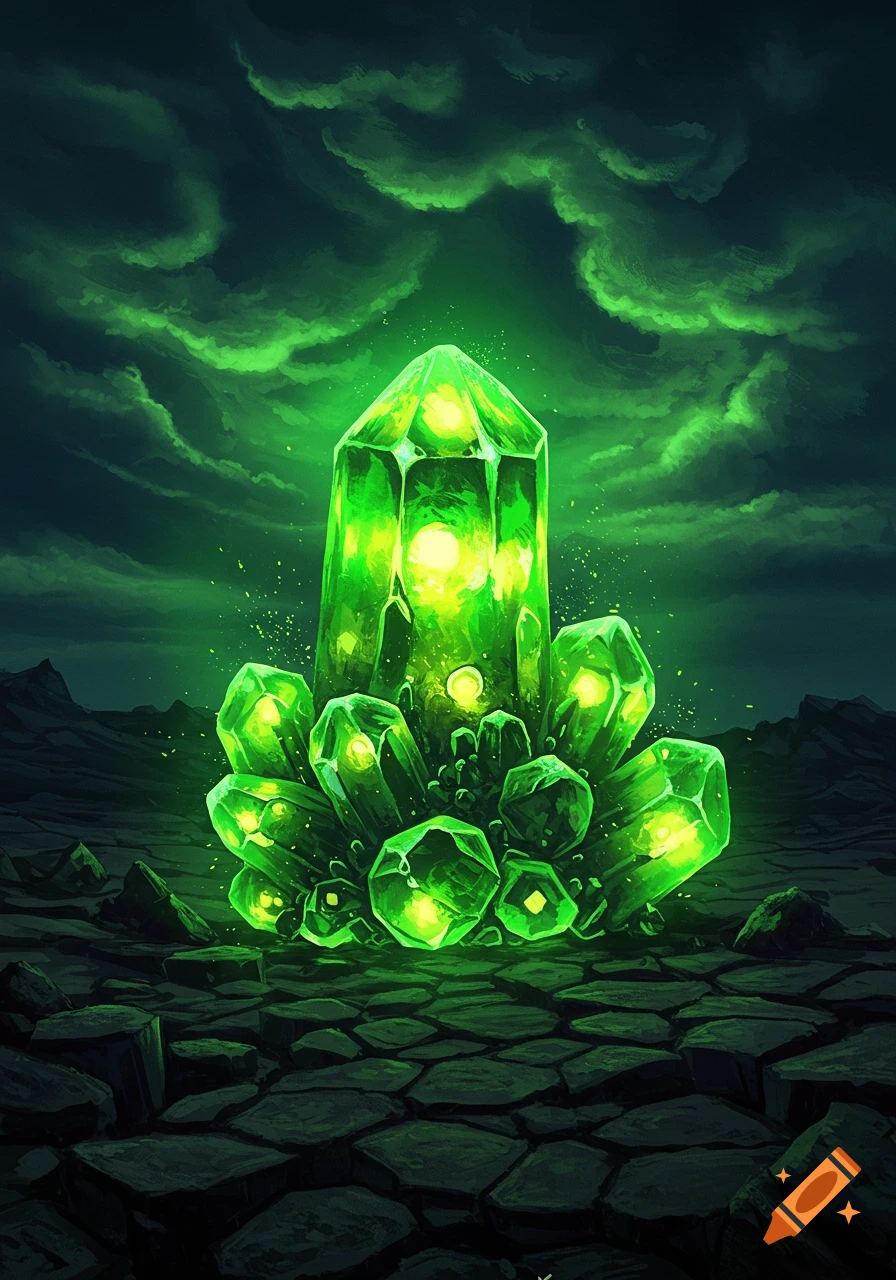 Vibrant green crystals erupting from cracked desert ground with glowing ...