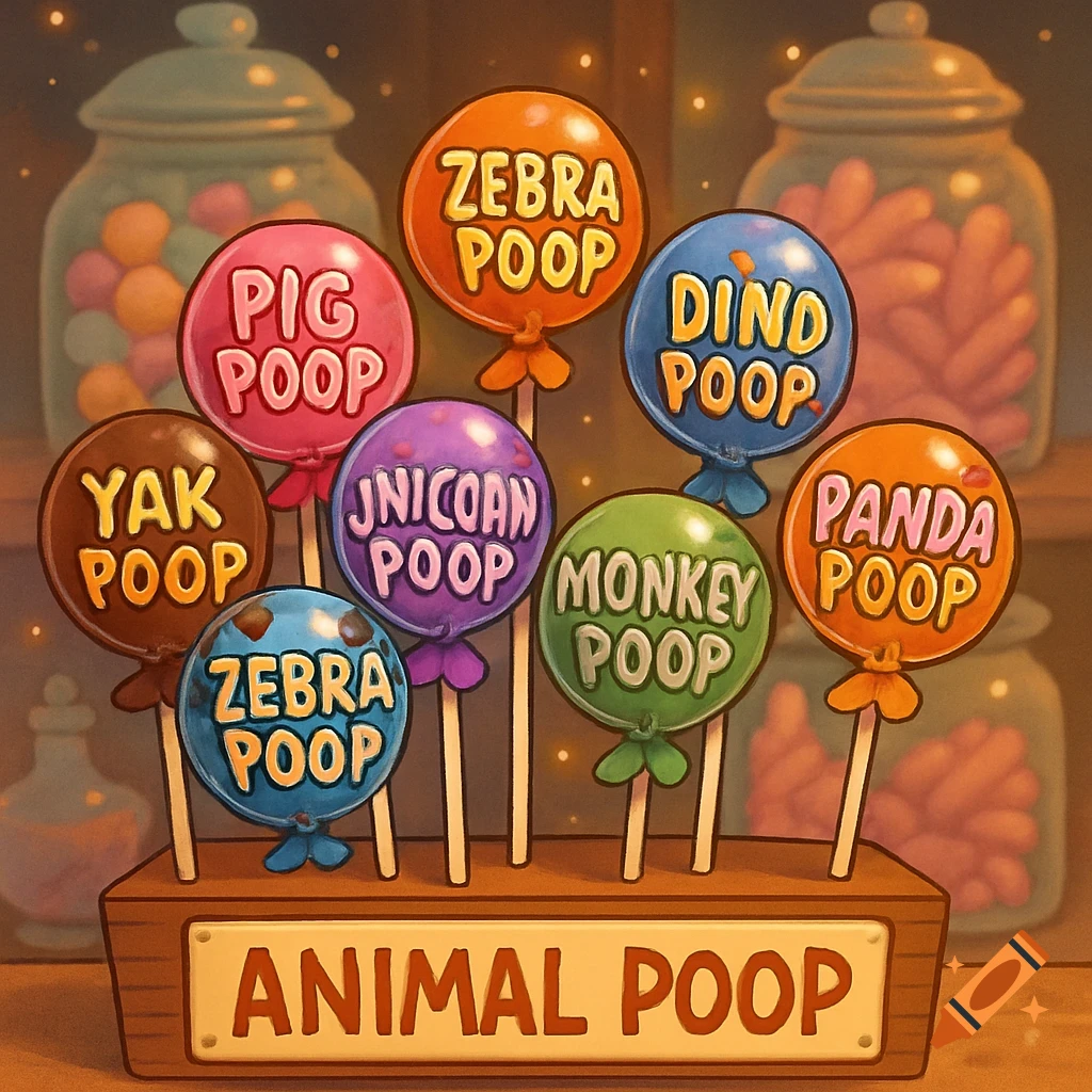 A whimsical store display of colorful lollipops on sticks, each labeled ...