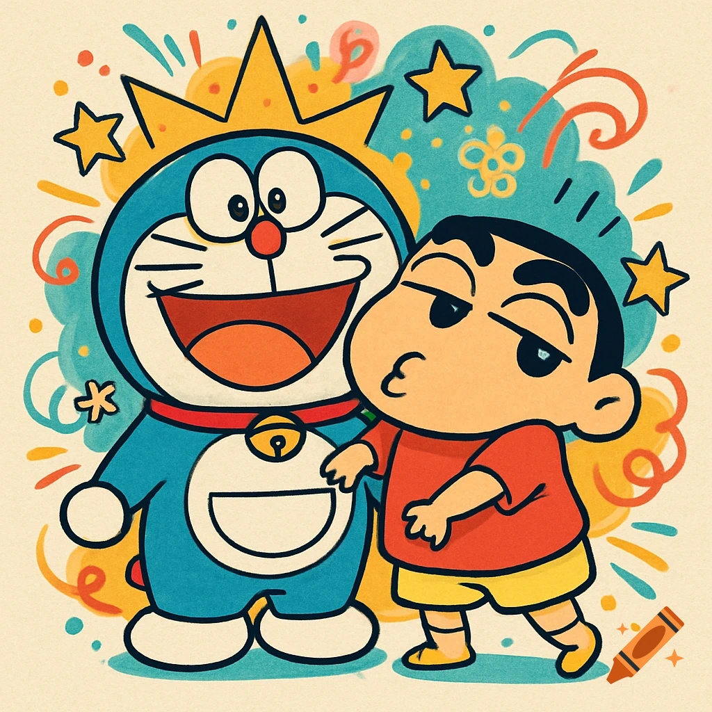 Doraemon wearing a gold crown smiles with open mouth next to Shin-chan ...