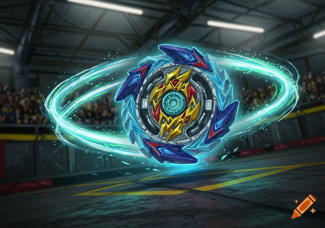 A stylized, glowing blue and silver Beyblade spins in a futuristic ...