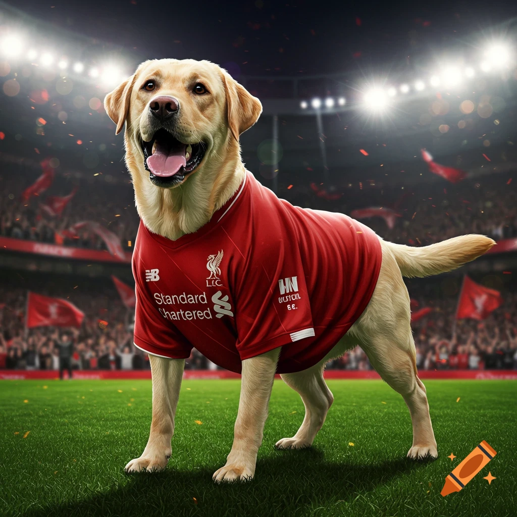 A photorealistic golden retriever dog wearing a red Liverpool FC soccer ...