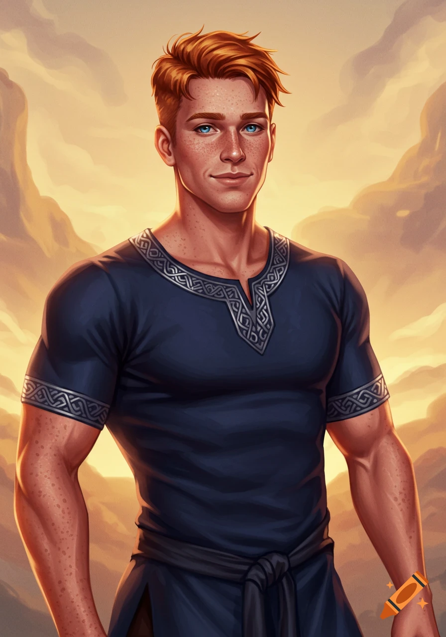 Illustrative portrait of a muscular, red-haired man with freckles and ...