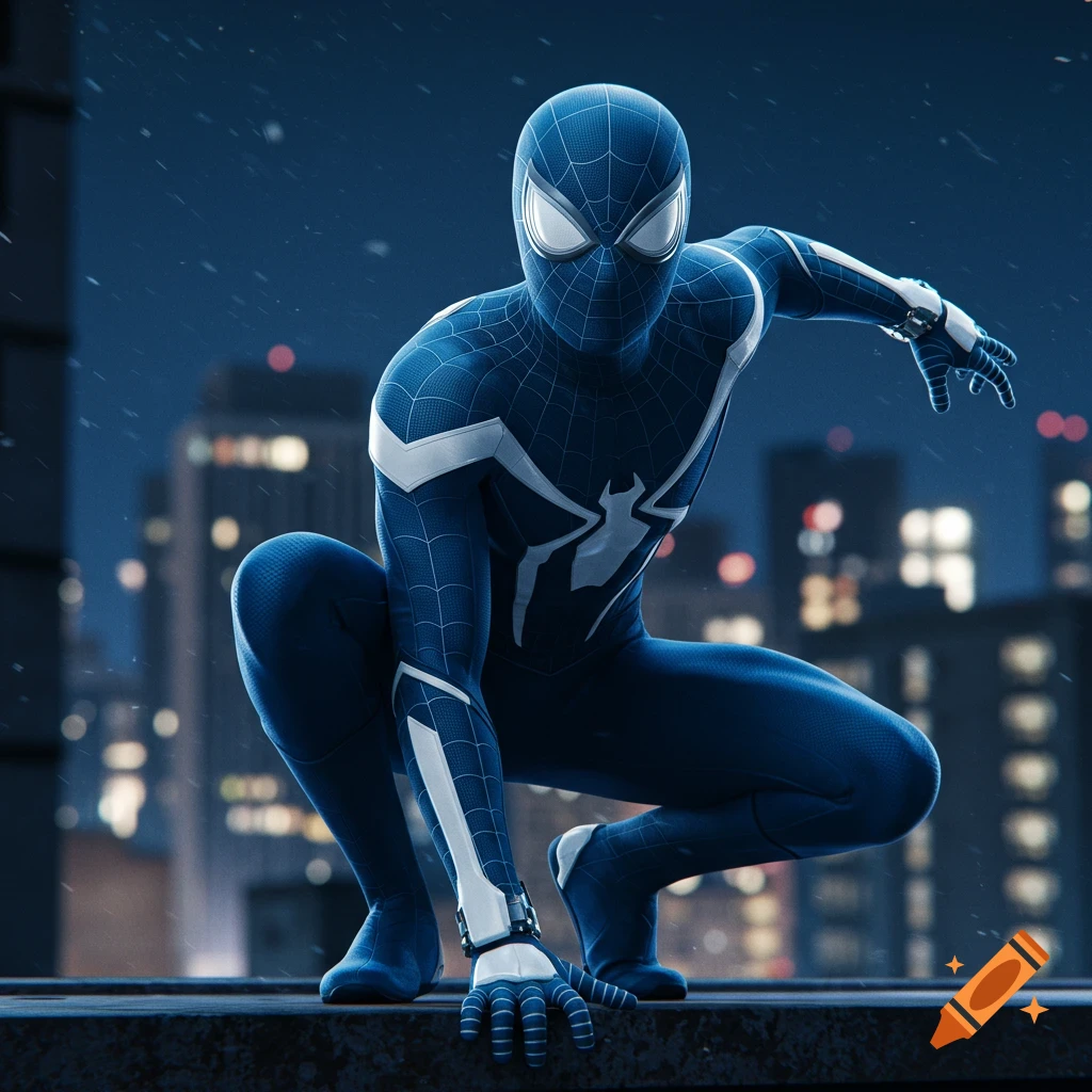 Spider-Man in a red, blue, and white suit with fur accents crouches on ...