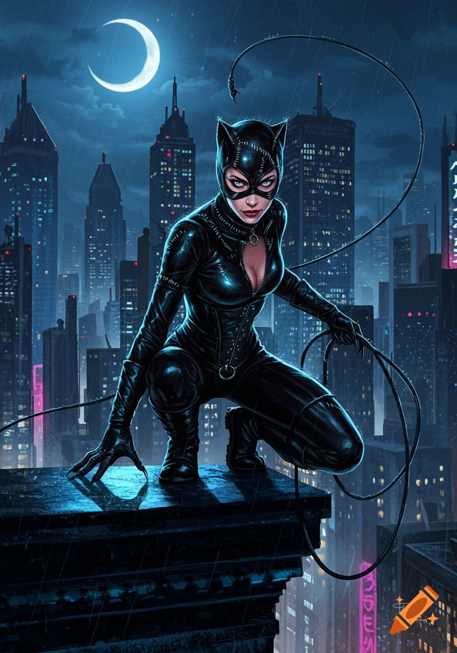 Catwoman in a peeled banana costume strikes a pose in a neon-lit alley ...