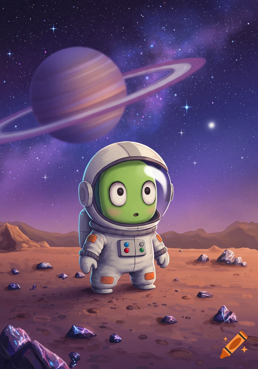 Cartoon green alien in a silver suit stands on a purple alien planet ...