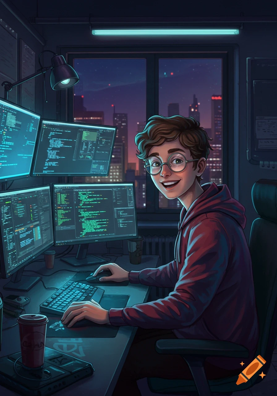 A smiling blocky cartoon character with pink hair sits at a desk typing ...