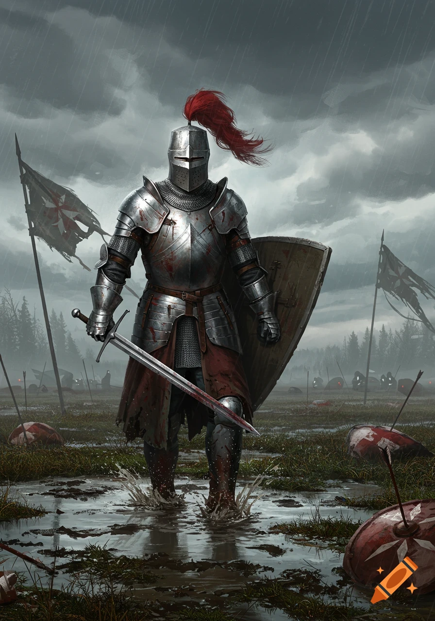 A full-body drawing of a knight in ornate full plate armor, holding a ...