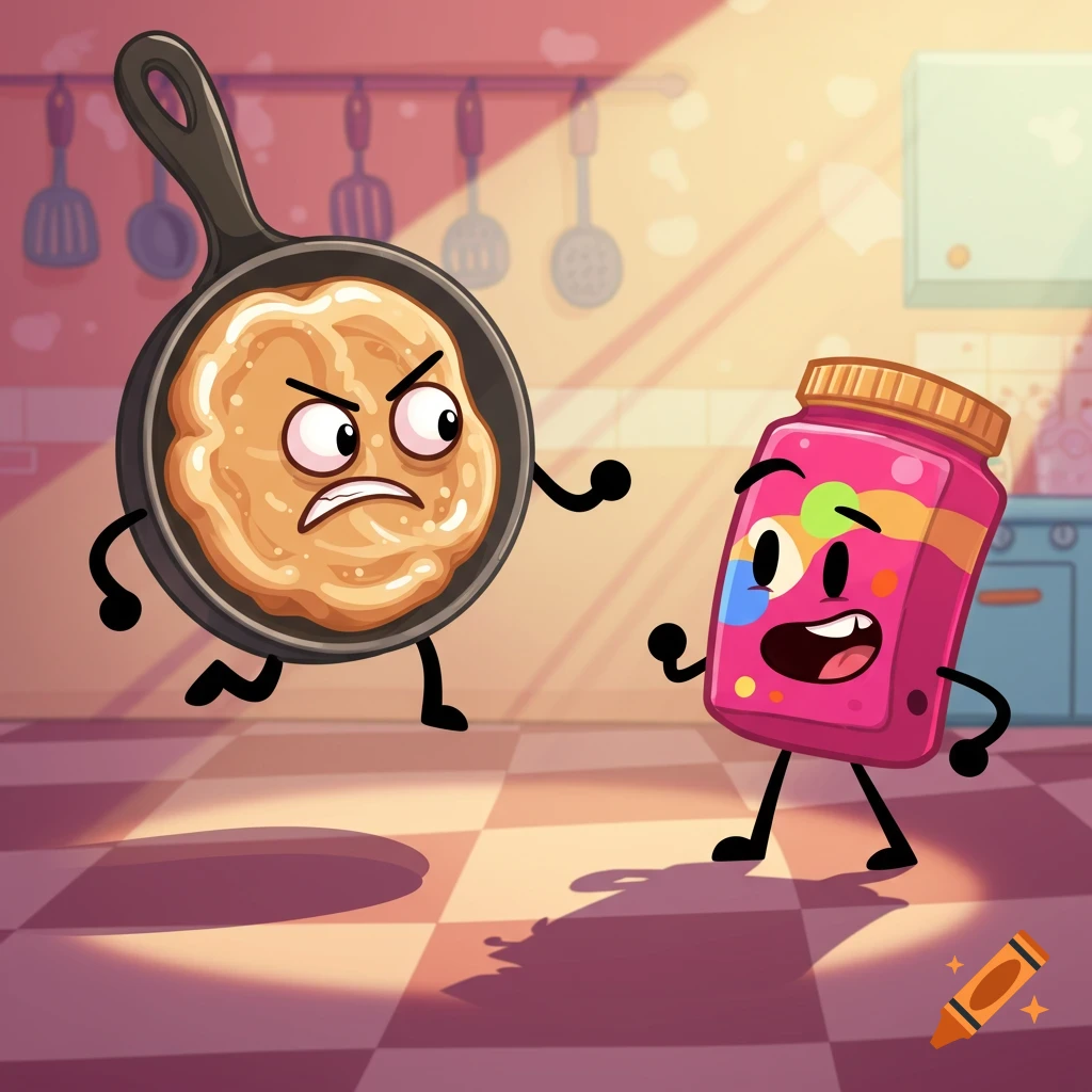 An angry cartoon pancake in a frying pan confronts a happy pink jar ...