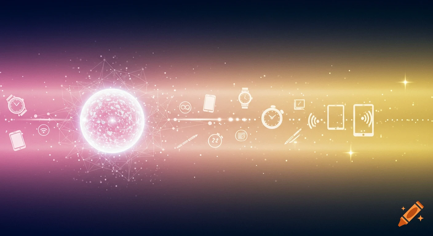 Abstract digital art with a glowing pink orb, network lines, and tech ...