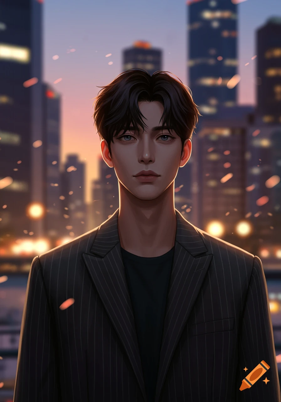 A stylized portrait of a person with silver hair and fashionable attire ...