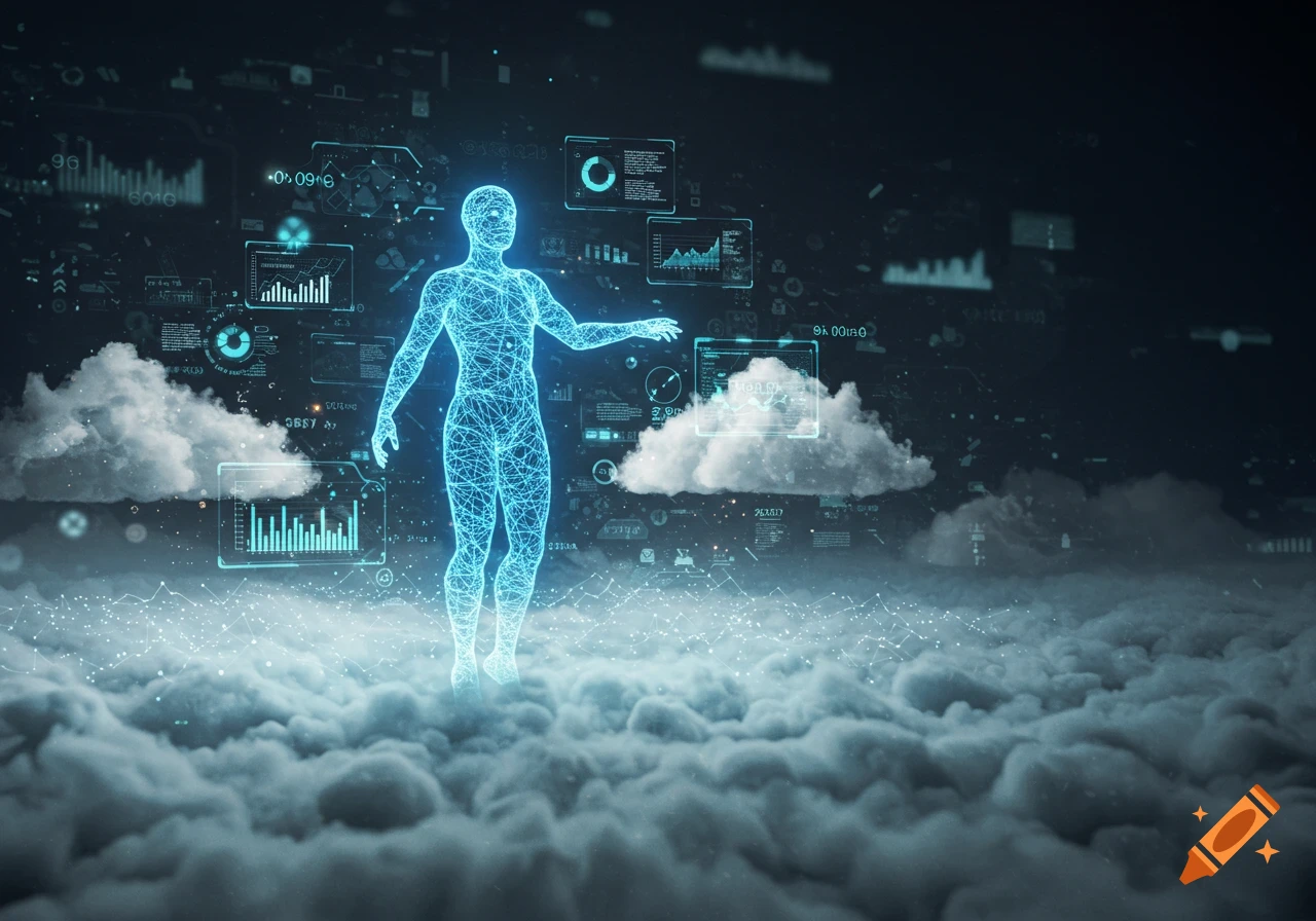 Glowing wireframe humanoid figure with '$QUANT' on chest, emitting ...