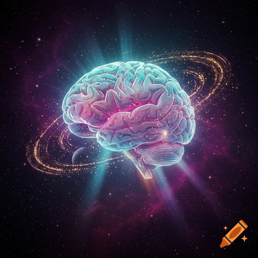 A glowing green brain surrounded by green cosmic dust and stars in a ...