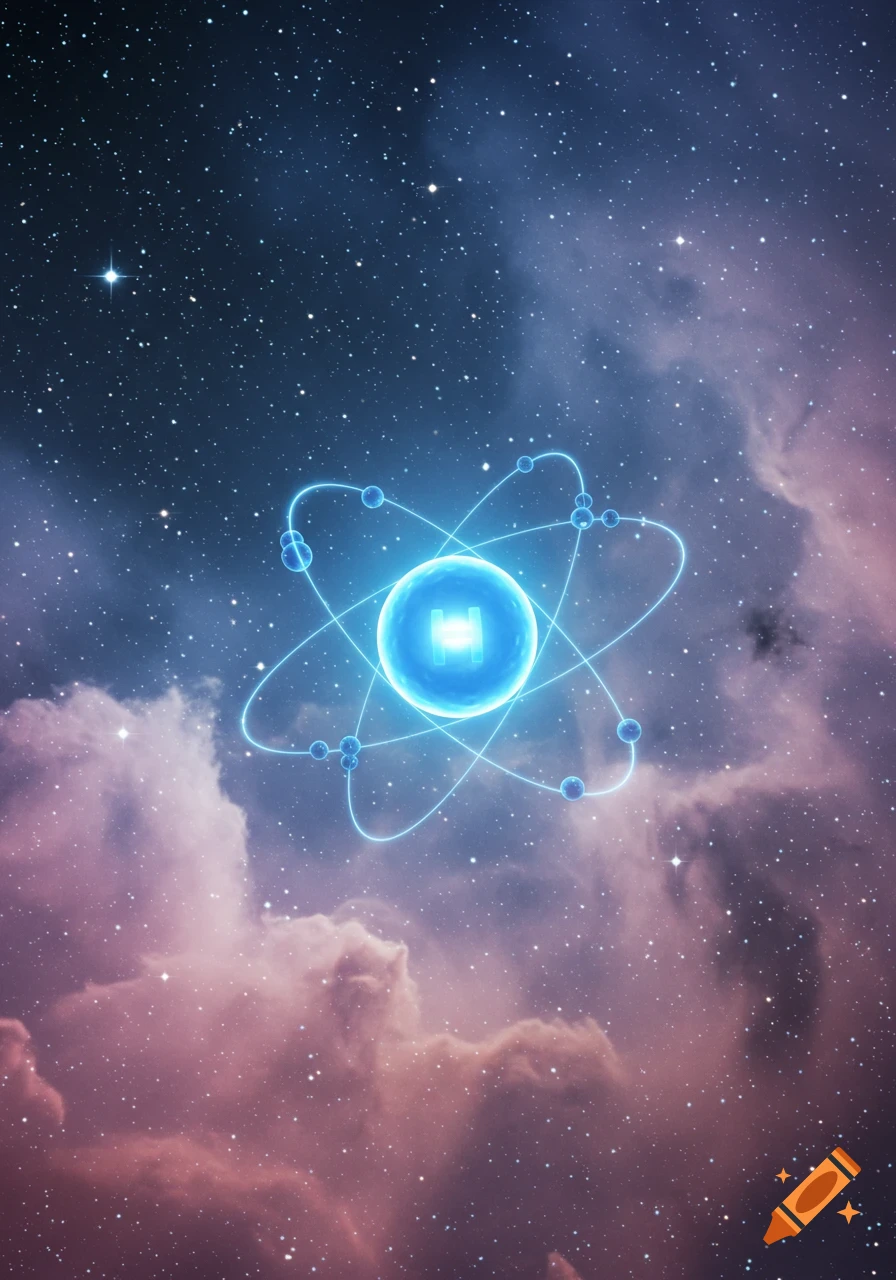 A glowing blue stylized hydrogen atom with an 'H' in its nucleus ...