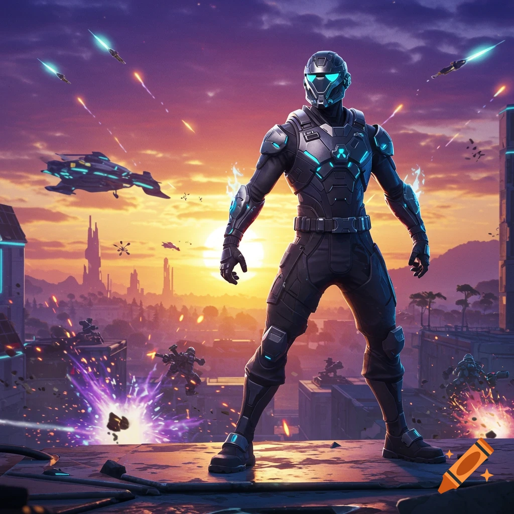 A futuristic character in a black and neon purple suit holds a rifle ...