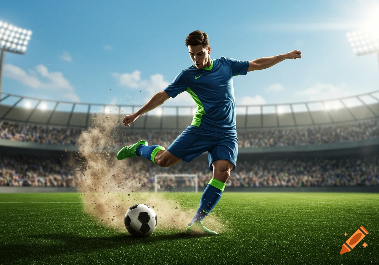 Realistic football stadium at night with a pitch split by blue and red ...