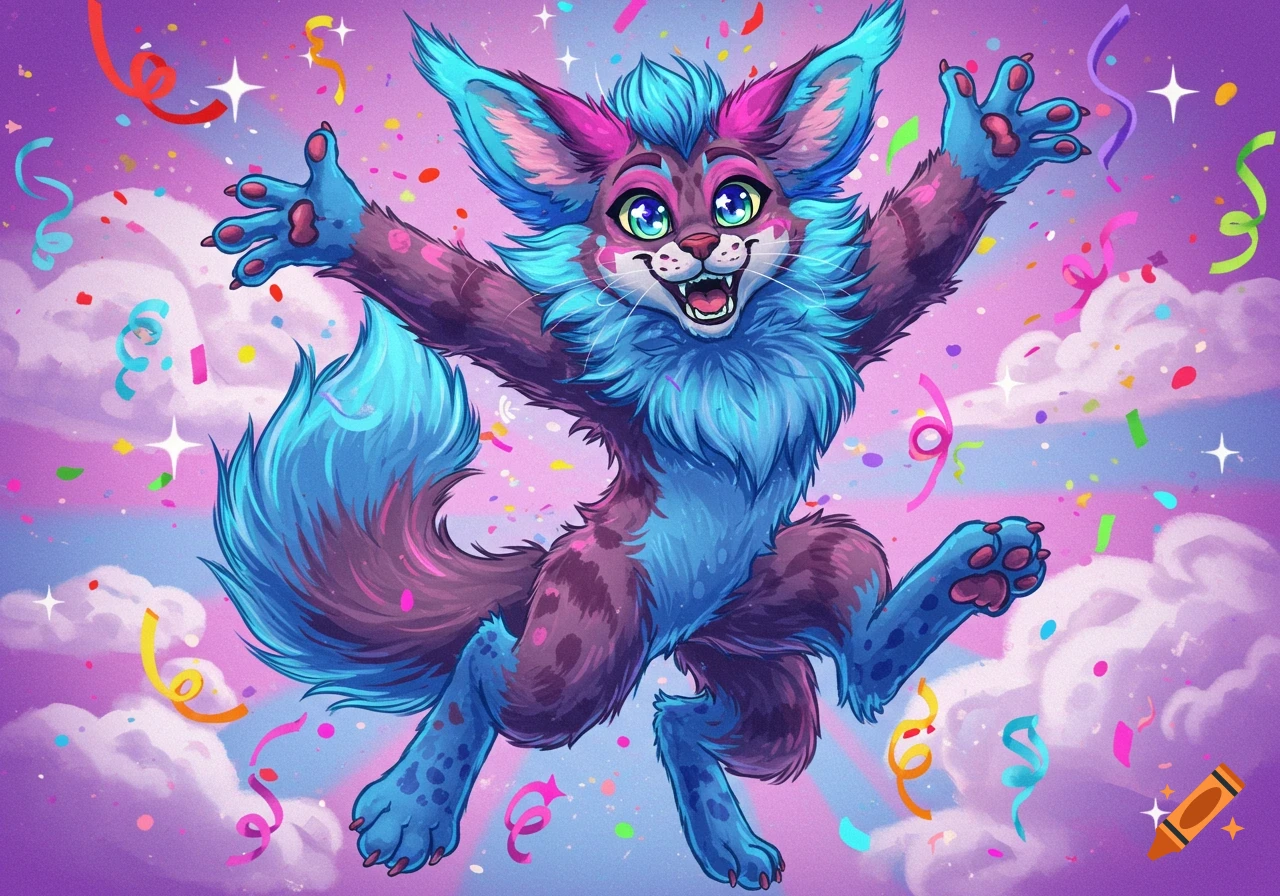 Energetic, cartoony furry creature with blue and purple fur jumps ...